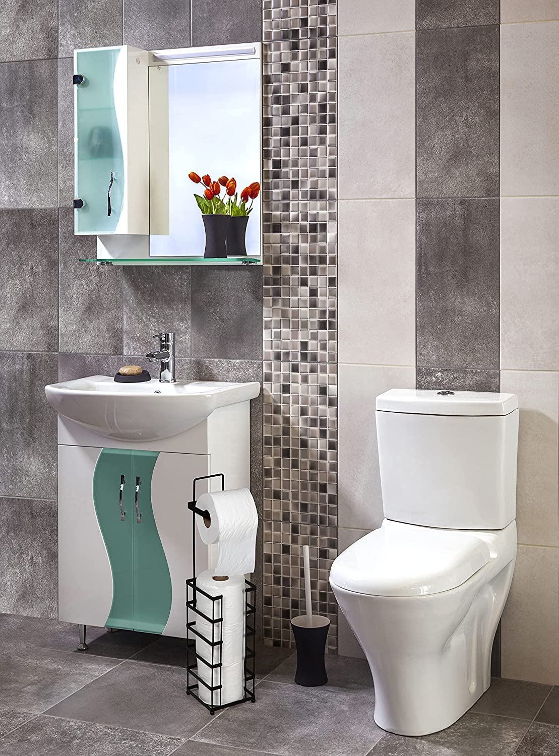Richards Homewares Vertical Free-Standing Jumbo and Mega Size 4-Rolls Toilet Paper Storage Holder with Dispenser, 5.5 x 5.5 x 24.75-Inch, Matte Black
