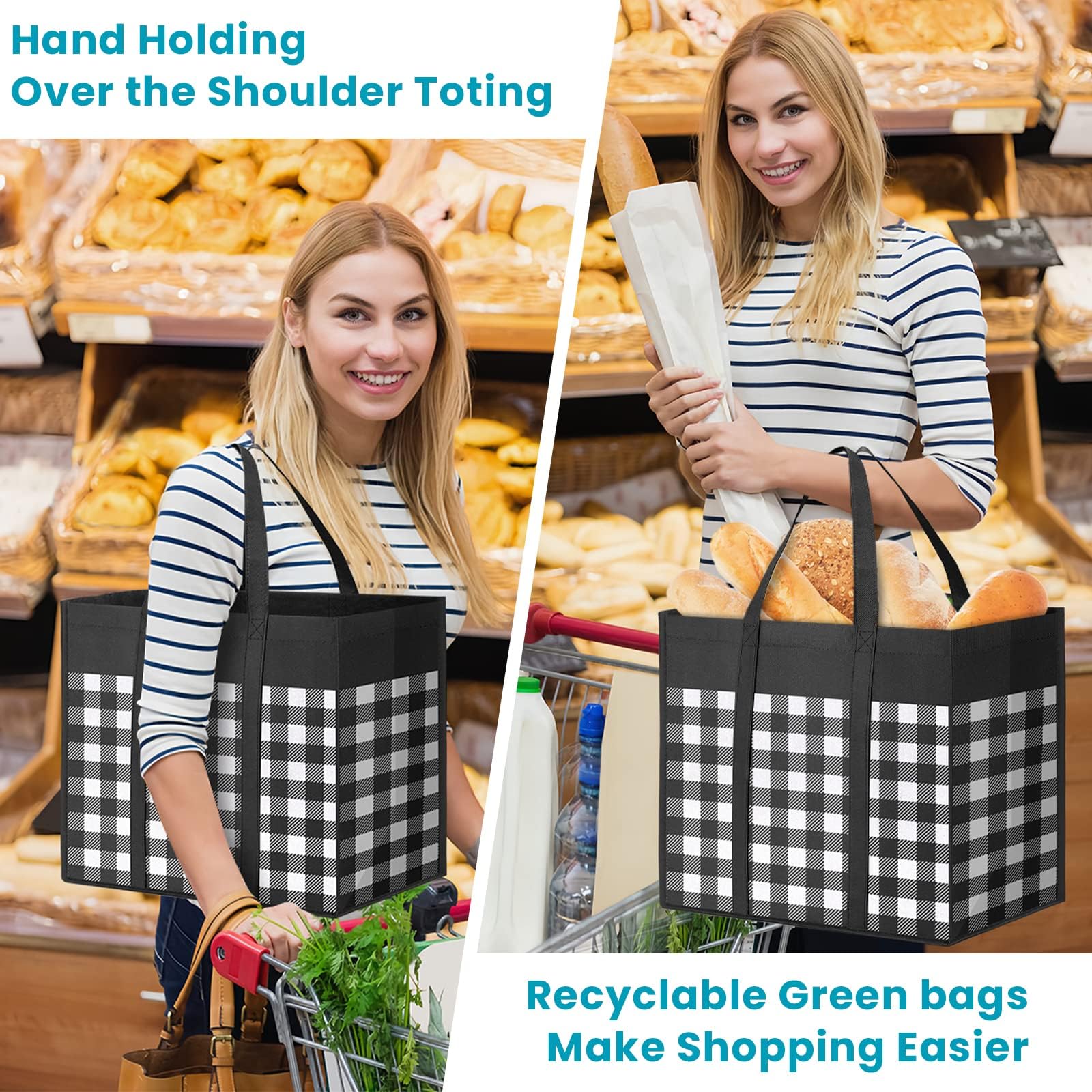 WOWBOX Reusable Grocery Bags,6-Pack, Foldable Reusable Shopping Tote Bags bulk with Reinforced Handles,Large Storage Bags with Water Resistant Coating for Groceries,Multipurpose,Black-White