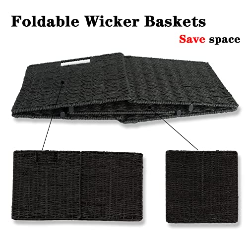 Vagusicc Storage Basket, Set of 2 Hand-Woven Paper Rope Wicker Baskets, Foldable Storage Bins, Large Wicker Storage Square Baskets for Shelves Organizing & Decor, Black (11″×11″×11″)