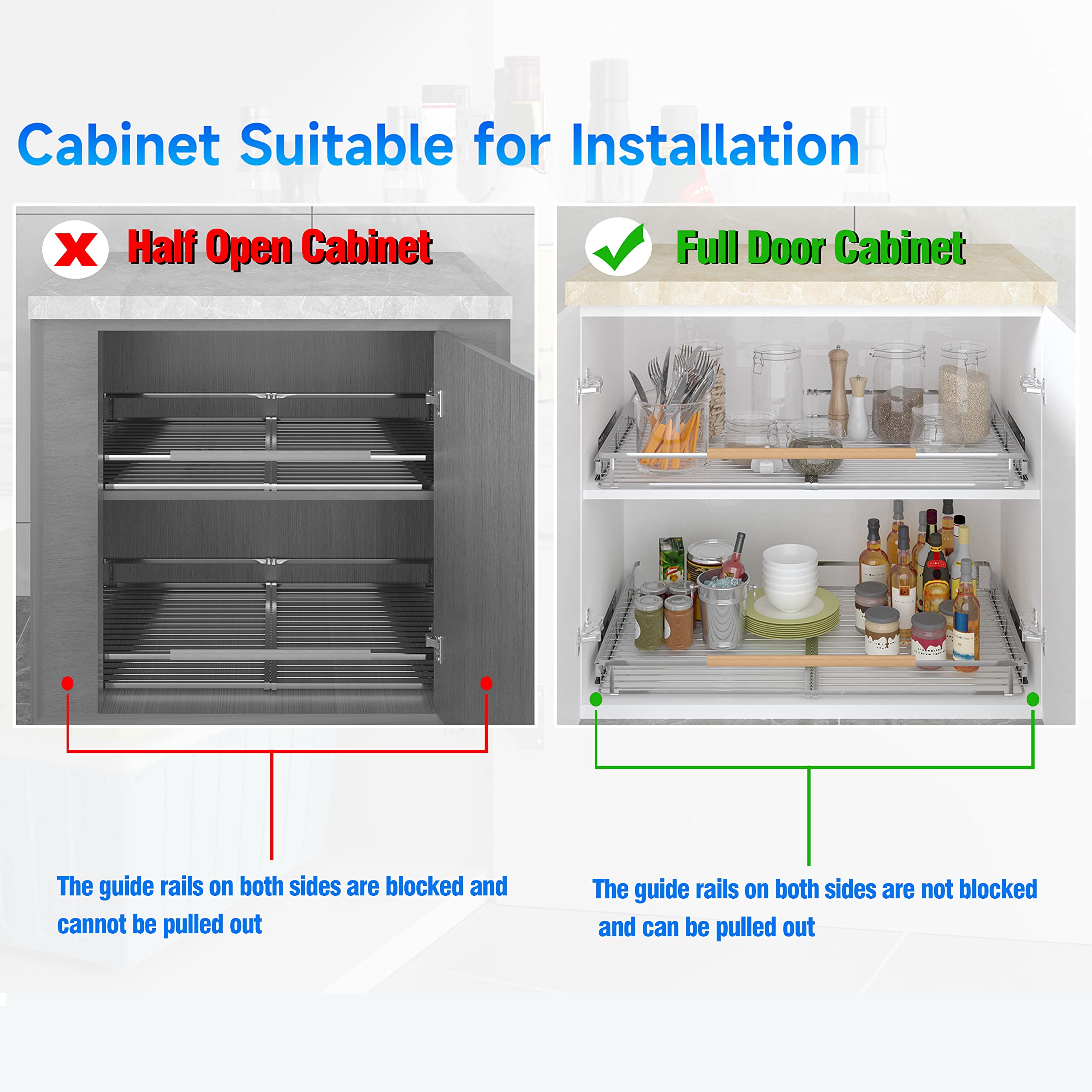 2Pack Expandable Pull Out Cabinet Organizer, 17.1~28"W x 22.5"D Heavy Duty Slide Out Shelves Adjustable Hight Cabinet Pull Out Shelves,Expandable Width Spice Rack Organizer for Kitchen Cabinet