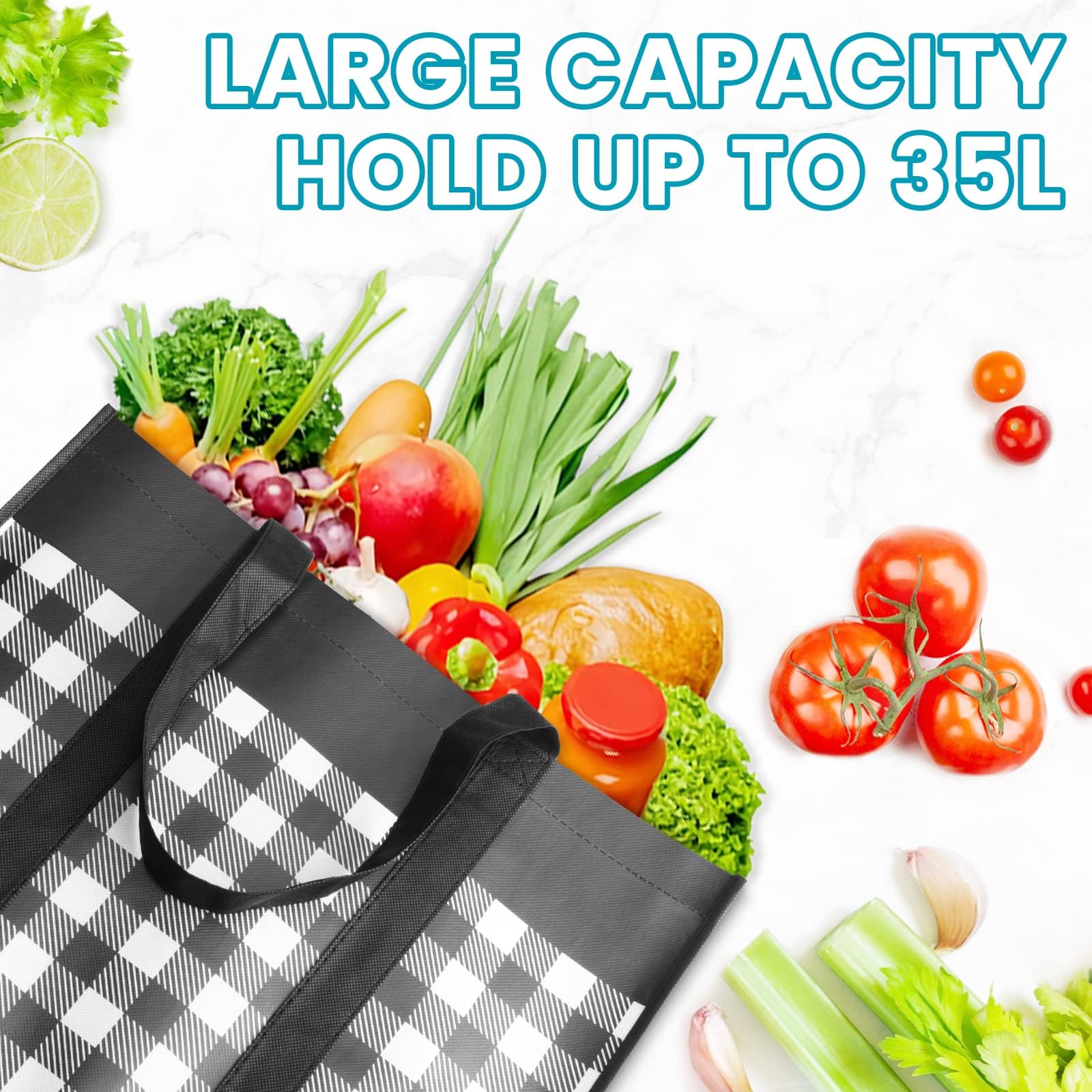 WOWBOX Reusable Grocery Bags,6-Pack, Foldable Reusable Shopping Tote Bags bulk with Reinforced Handles,Large Storage Bags with Water Resistant Coating for Groceries,Multipurpose,Black-White