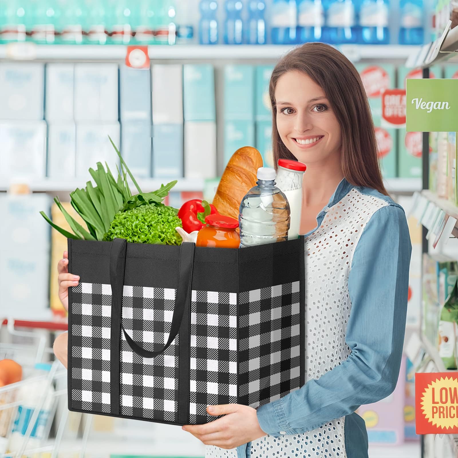WOWBOX Reusable Grocery Bags,6-Pack, Foldable Reusable Shopping Tote Bags bulk with Reinforced Handles,Large Storage Bags with Water Resistant Coating for Groceries,Multipurpose,Black-White