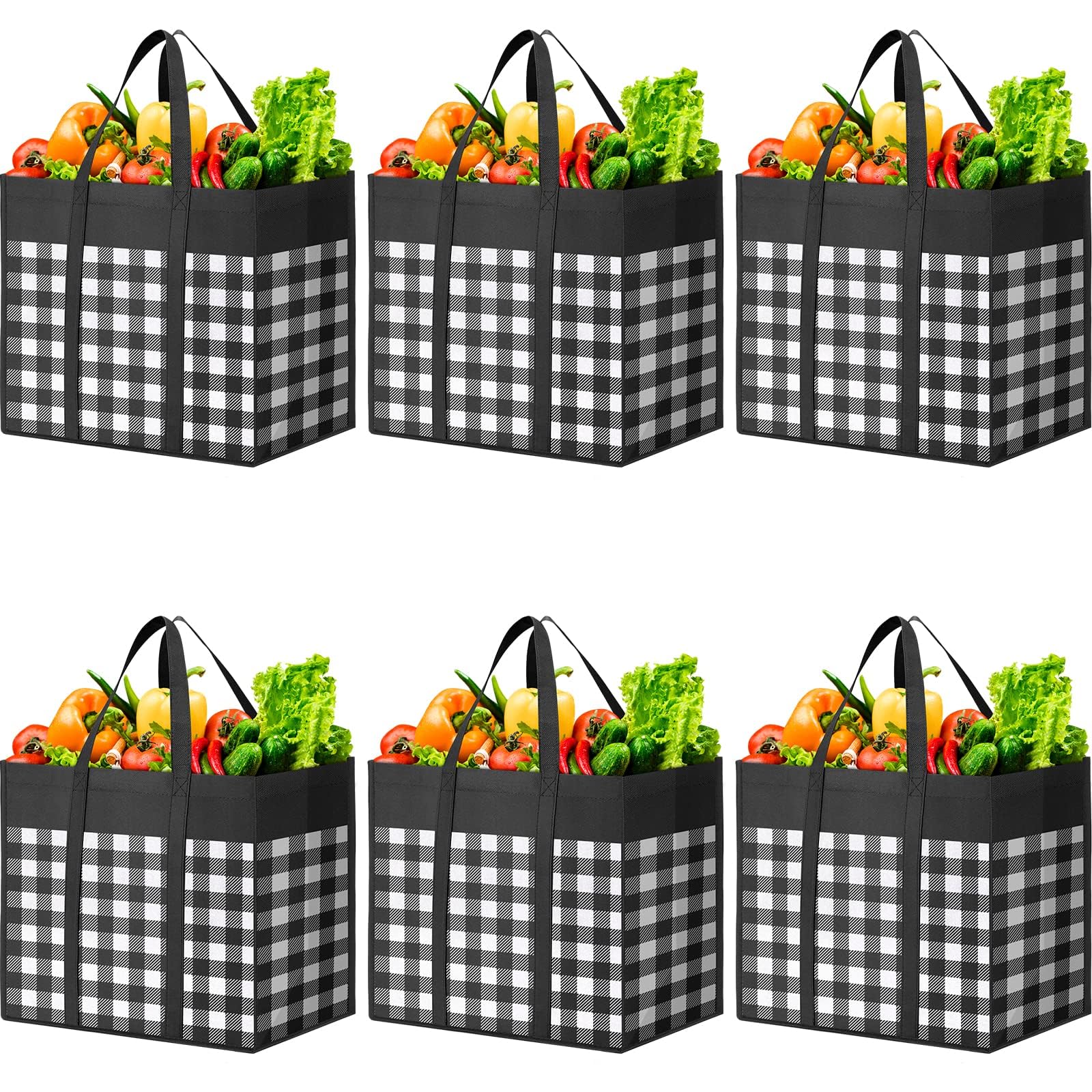 WOWBOX Reusable Grocery Bags,6-Pack, Foldable Reusable Shopping Tote Bags bulk with Reinforced Handles,Large Storage Bags with Water Resistant Coating for Groceries,Multipurpose,Black-White