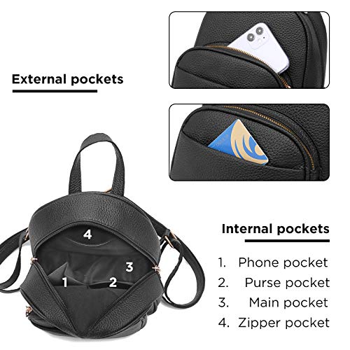 Small Leather Backpack Mini Cute Casual Daypack Fashion Zippered Pockets Crossbody Bags for Women Girl (Black)