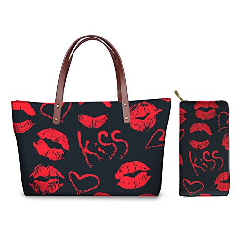 Poceacles Red Lips Kiss Print Fashion Handbag Tote Bag Set Outdoor Travel Shopping Top Handle Totes Bag with Card Holder Purse Slim Wallet for Women Girl