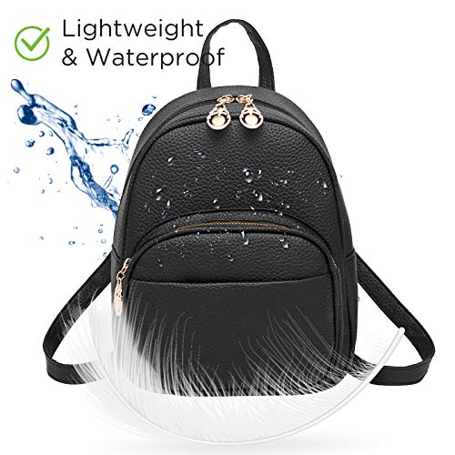 Small Leather Backpack Mini Cute Casual Daypack Fashion Zippered Pockets Crossbody Bags for Women Girl (Black)