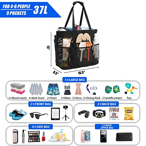 Beach Bag for Women Beach Tote Waterproof Sandproof Mesh Swim Pool Bag Large Foldable Travel Grocery Utility Bag Zipper, Black With Zipper, XL