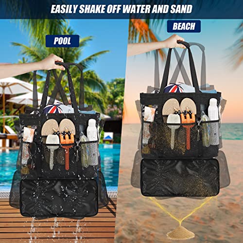 Beach Bag for Women Beach Tote Waterproof Sandproof Mesh Swim Pool Bag Large Foldable Travel Grocery Utility Bag Zipper, Black With Zipper, XL