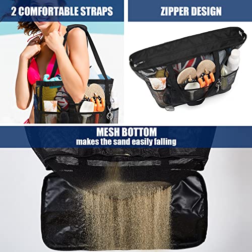 Beach Bag for Women Beach Tote Waterproof Sandproof Mesh Swim Pool Bag Large Foldable Travel Grocery Utility Bag Zipper, Black With Zipper, XL