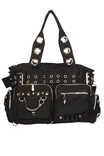 Lost Queen Striped Punk Rock Steampunk Purse with Handcuff Skull Charm (Solid Black)