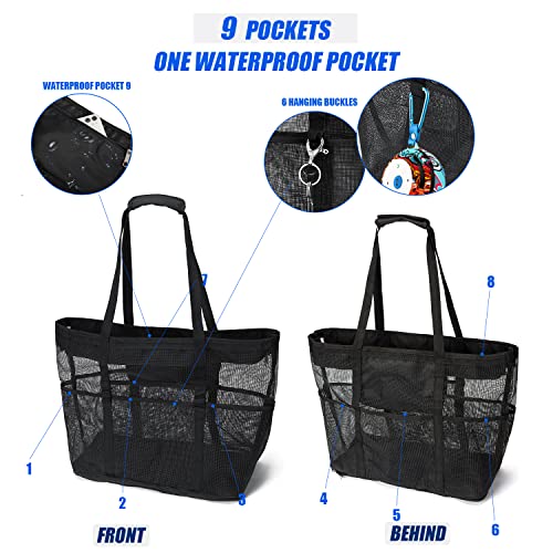 Beach Bag for Women Beach Tote Waterproof Sandproof Mesh Swim Pool Bag Large Foldable Travel Grocery Utility Bag Zipper, Black With Zipper, XL