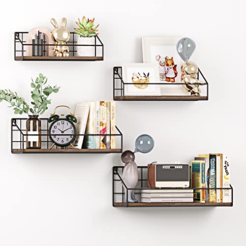 YGEOMER 4 Set Floating Shelves, Wall Hanging Shelves with Wire Baskets for Bathroom, Kitchen, Living Room, Bedroom (Carbon Black)
