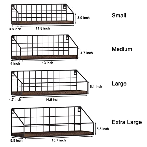 YGEOMER 4 Set Floating Shelves, Wall Hanging Shelves with Wire Baskets for Bathroom, Kitchen, Living Room, Bedroom (Carbon Black)