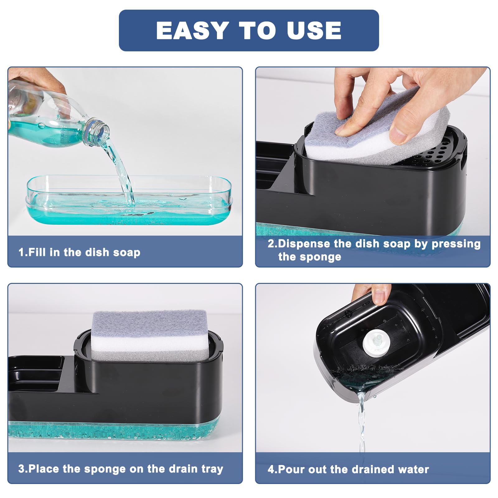 Obsoorth 20 Ounces Dish Soap Dispenser for Kitchen Sink with Sponge Holder 3 in 1 Easy Refill Dishwashing Caddy Liquid Detergent Pump Organizer on Bathroom Counter, Black