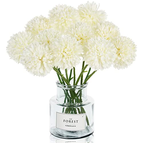 Tinsow 12 Pcs Artificial Flowers Faux Ball Chrysanthemum Bouquet Silk White Flowers Bridal Wedding Bouquet for Home Garden Party Wedding Decoration (White, 12)