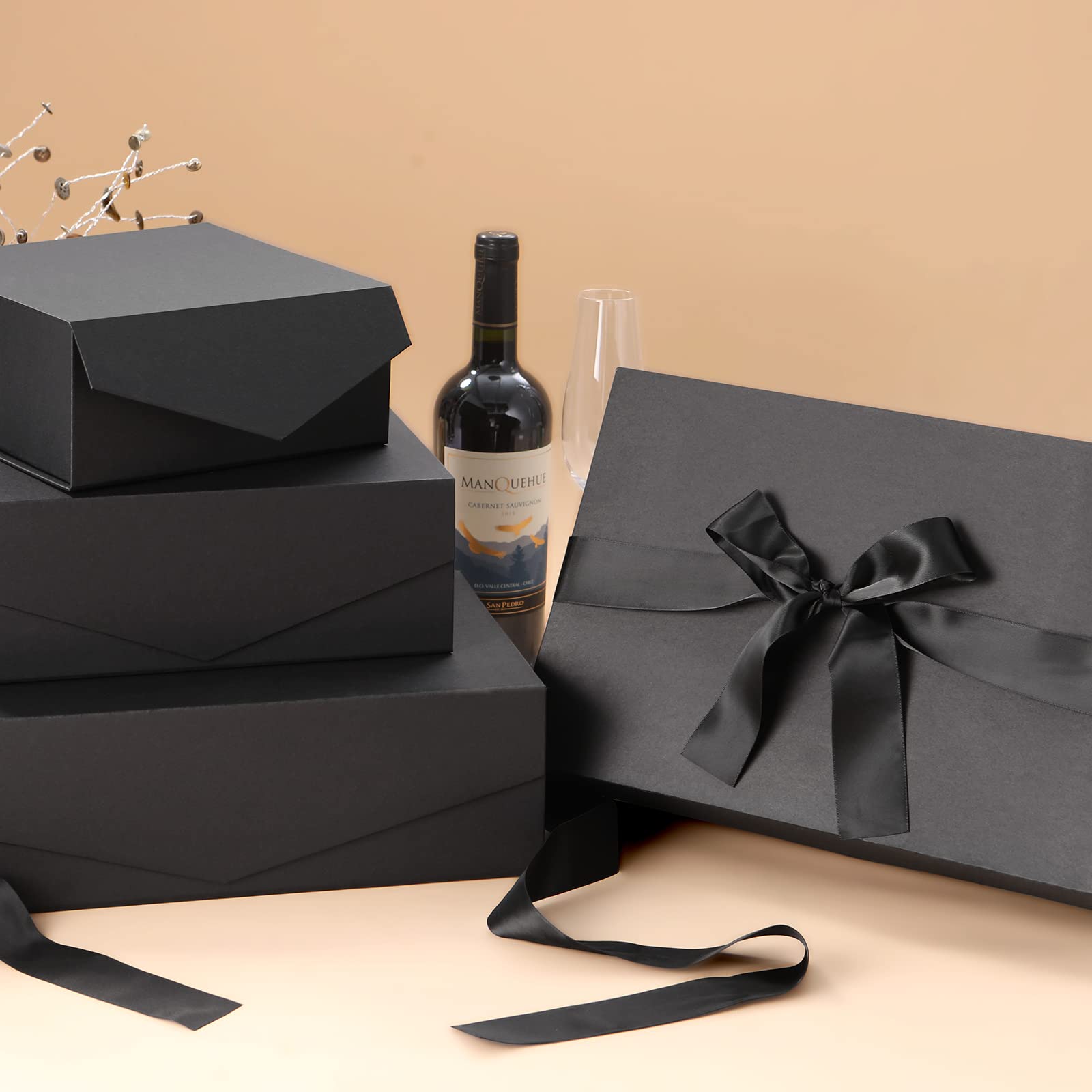 JINMING Large Gift Box with Ribbon 13.5x9x4.1 Inches, Gift Box with Lid, Large Black Gift Box for Presents, Groomsman Proposal Box, Large Gift Box (Matte Black)