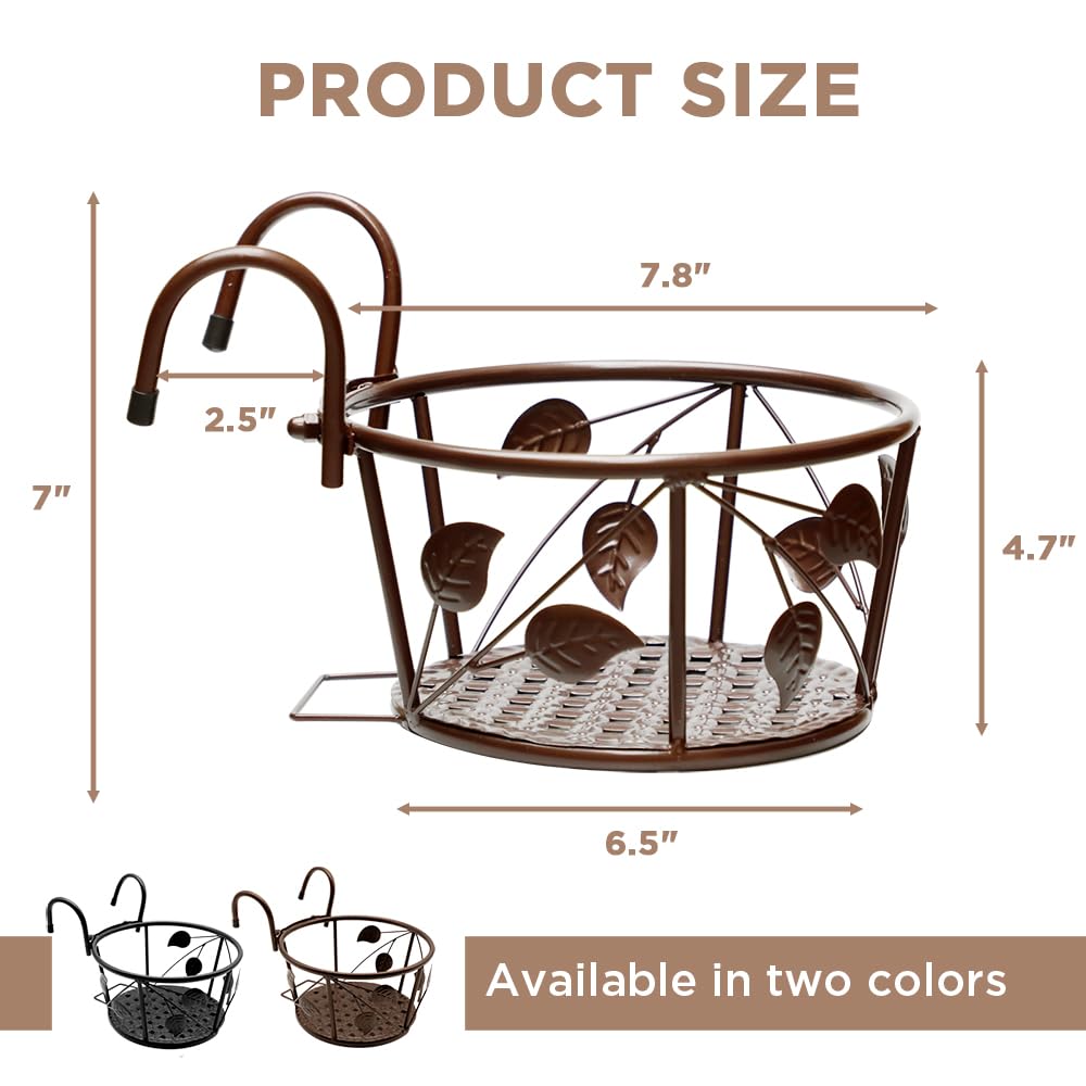 Neisrai Iron Art Metal Railing Flower Pot Hanging Basket for Indoor Pot Holder Hanger 3 Pack Outdoor Plants Perfect for Porches and Patio Decor Leaf Pattern (Black)