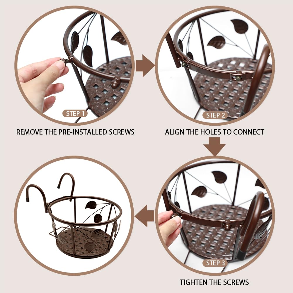 Neisrai Iron Art Metal Railing Flower Pot Hanging Basket for Indoor Pot Holder Hanger 3 Pack Outdoor Plants Perfect for Porches and Patio Decor Leaf Pattern (Black)