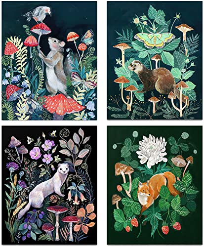 Mushroom Butterfly Wall Art, Black Background Botanical Floral Insect Wildlife Fox Print, Fun Cute Creative Nature Poster for Kitchen Bedroom Living Room Decor, Set of 4 - (8 x 10 Inch Unframed)
