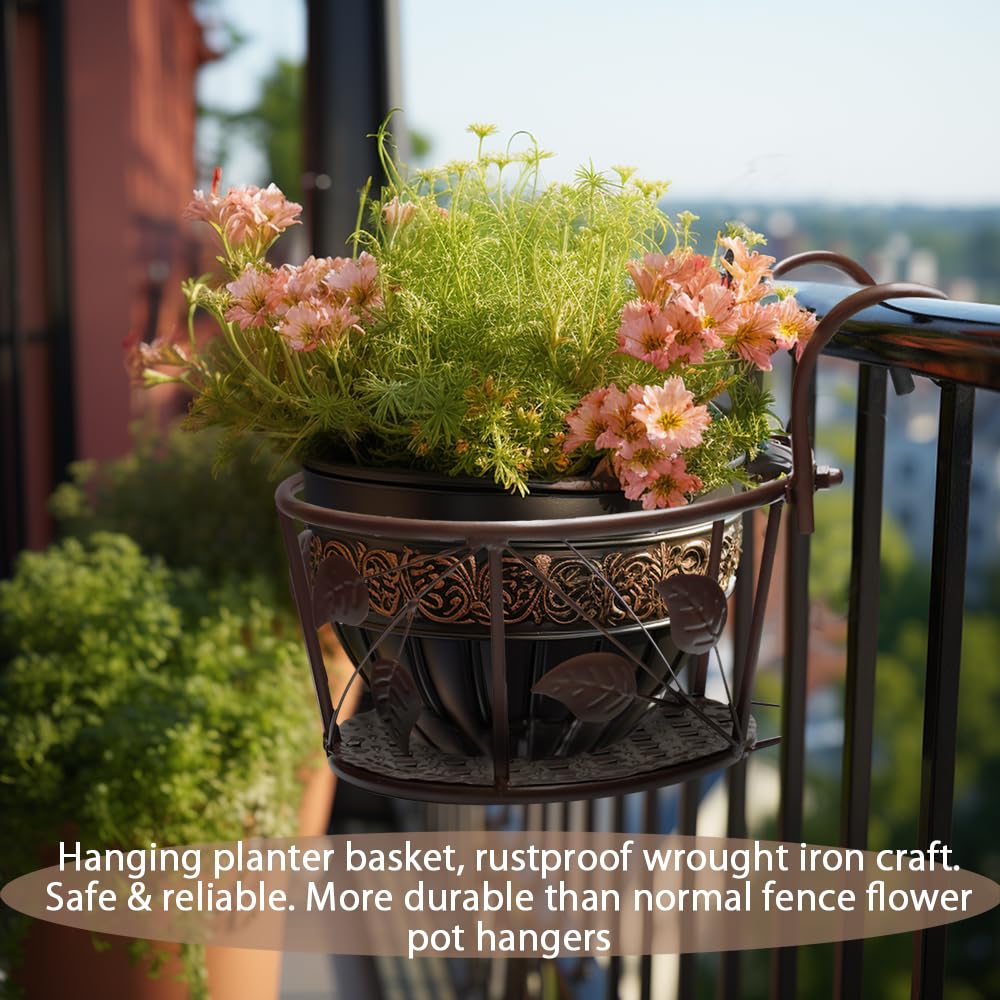Neisrai Iron Art Metal Railing Flower Pot Hanging Basket for Indoor Pot Holder Hanger 3 Pack Outdoor Plants Perfect for Porches and Patio Decor Leaf Pattern (Black)
