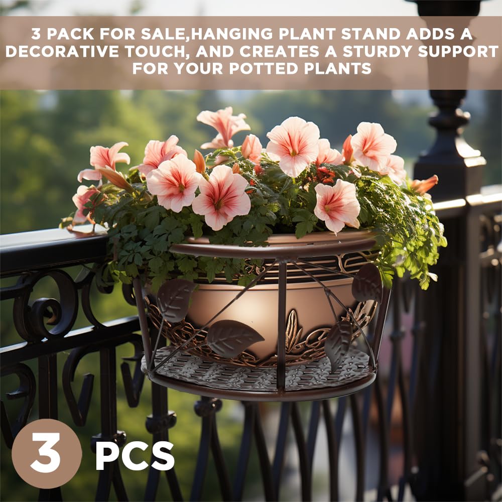 Neisrai Iron Art Metal Railing Flower Pot Hanging Basket for Indoor Pot Holder Hanger 3 Pack Outdoor Plants Perfect for Porches and Patio Decor Leaf Pattern (Black)