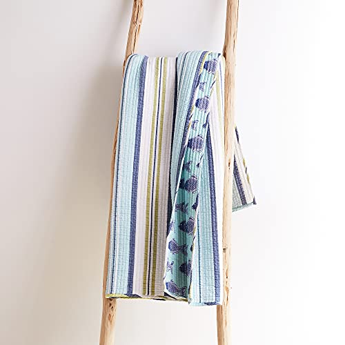 Levtex Home - Bayport - Quilted Throw - 50x60in. - Coastal Stripe - Green, Blue, White - Reversible Pattern - Cotton Fabric