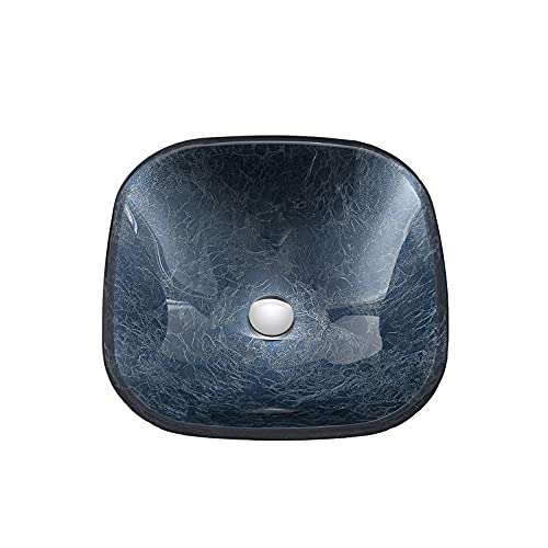 Bathroom Vessel Sink with Drain Combo, Countertop Bathroom Sink Bowl Tempered Glass Vanity Sink Bowl On the Top Navy Blue Vessel Bowl Sink, Does Not Include Faucet,Oval (Square Oval)