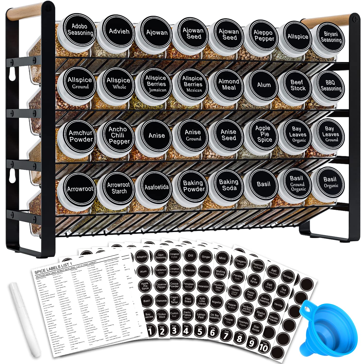 AHNR 4 Tier Spice Rack Organizer with 32 Spice Jars, 396 Spice Labels, Chalk Marker and Funnel Complete Set for Cabinet, Countertop or Wall Mount