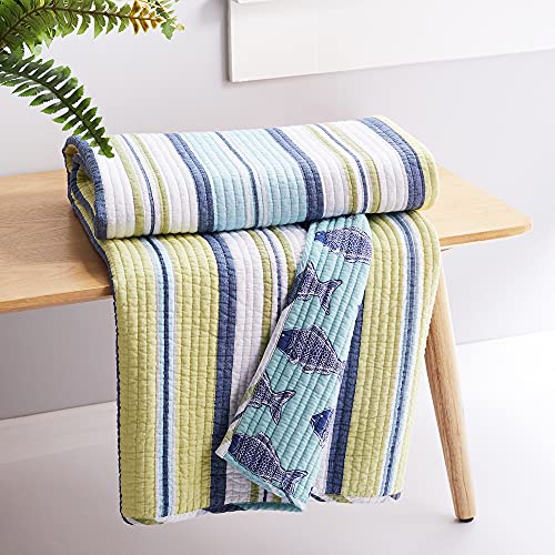 Levtex Home - Bayport - Quilted Throw - 50x60in. - Coastal Stripe - Green, Blue, White - Reversible Pattern - Cotton Fabric