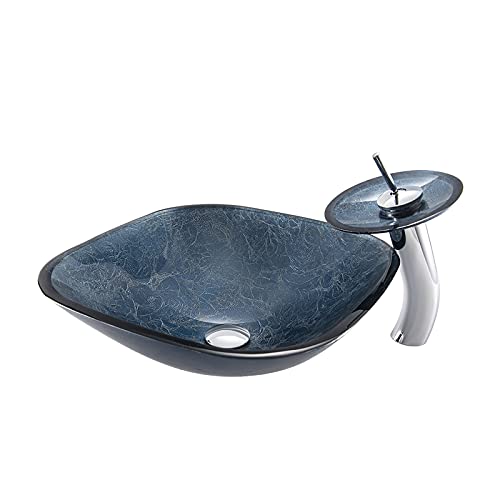 Bathroom Vessel Sink with Drain Combo, Countertop Bathroom Sink Bowl Tempered Glass Vanity Sink Bowl On the Top Navy Blue Vessel Bowl Sink, Does Not Include Faucet,Oval (Square Oval)