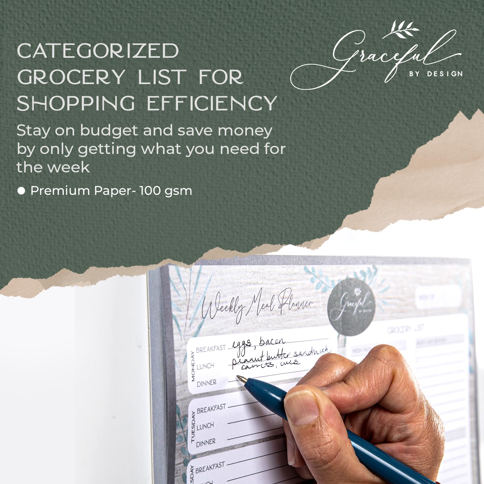 Graceful By Design Weekly Meal Planner and Grocery List Magnet Pad For Fridge or Wall - Weekly Menu Board For Kitchen and Meal Planner Magnetic with Tear-Off Grocery List Notepad - 8.5" x 11"