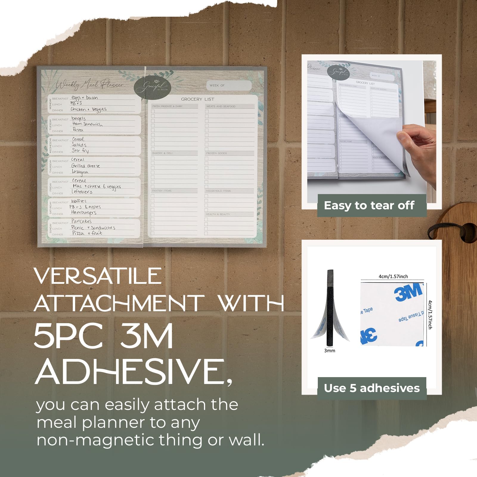 Graceful By Design Weekly Meal Planner and Grocery List Magnet Pad For Fridge or Wall - Weekly Menu Board For Kitchen and Meal Planner Magnetic with Tear-Off Grocery List Notepad - 8.5" x 11"