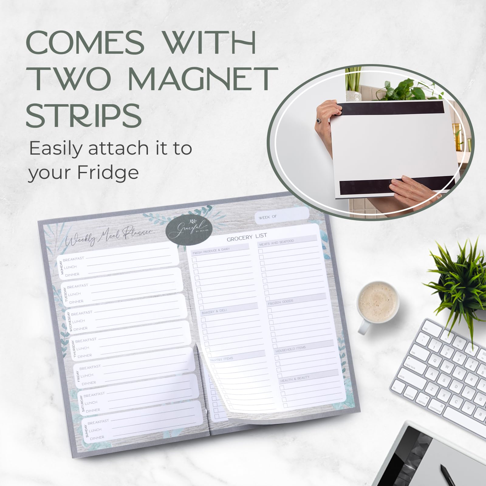 Graceful By Design Weekly Meal Planner and Grocery List Magnet Pad For Fridge or Wall - Weekly Menu Board For Kitchen and Meal Planner Magnetic with Tear-Off Grocery List Notepad - 8.5" x 11"