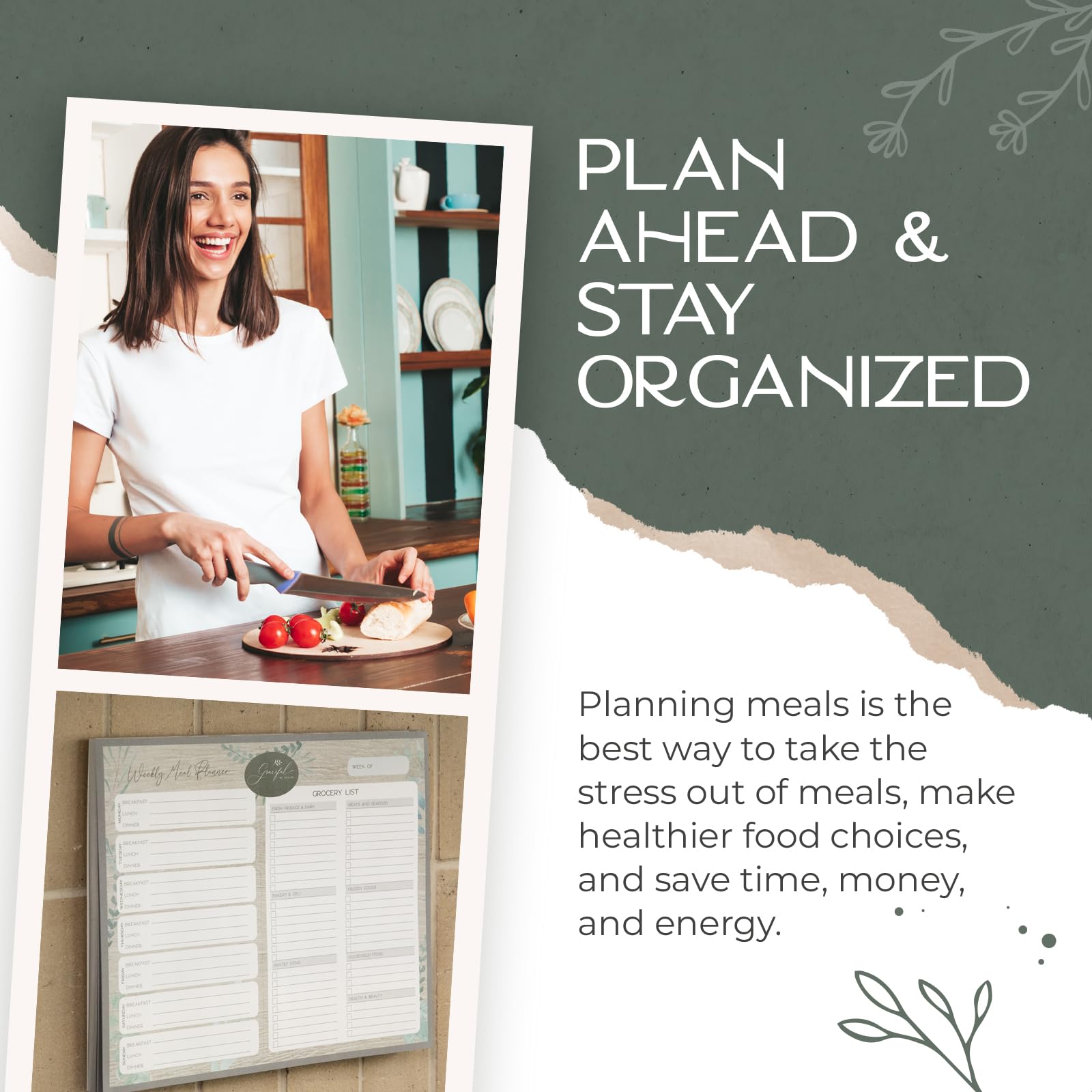 Graceful By Design Weekly Meal Planner and Grocery List Magnet Pad For Fridge or Wall - Weekly Menu Board For Kitchen and Meal Planner Magnetic with Tear-Off Grocery List Notepad - 8.5" x 11"