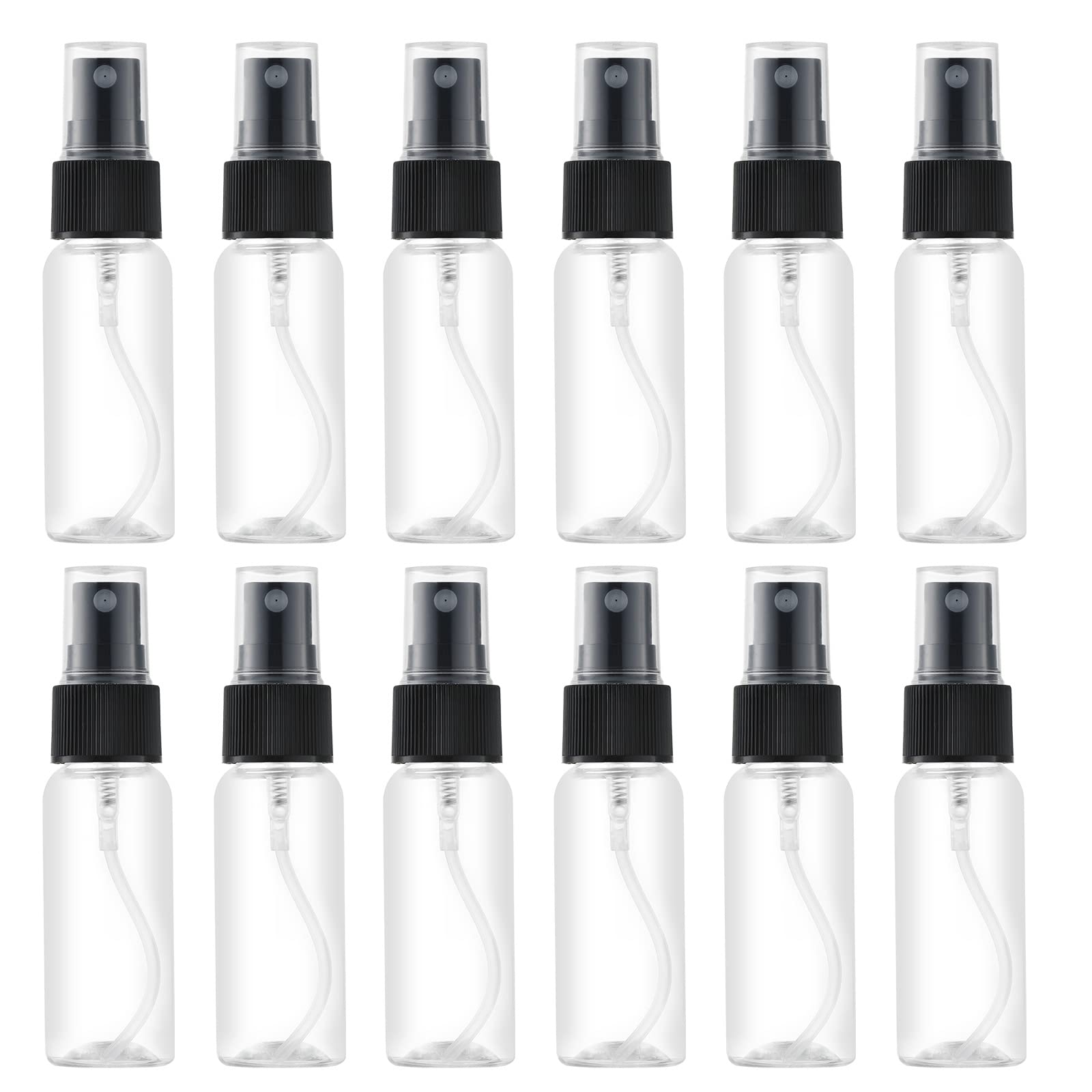 LISAPACK 1oz Small Plastic Spray Bottle (12 Pack) Empty Mini Fine Mist Travel Size Atomizer, Tiny Sprayer for Little Perfume, Water, Cologne, Alcohol, Samples (Clear, 30ml)