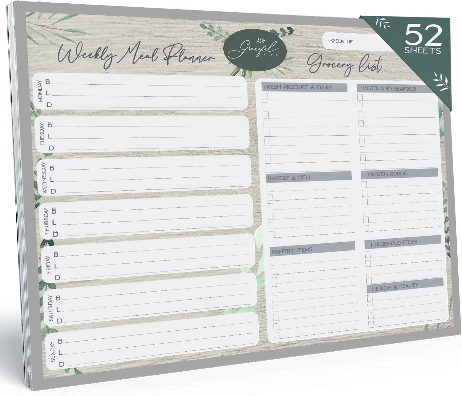 Graceful By Design Weekly Meal Planner and Grocery List Magnet Pad For Fridge or Wall - Weekly Menu Board For Kitchen and Meal Planner Magnetic with Tear-Off Grocery List Notepad - 8.5" x 11"