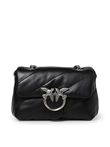 Pinko BLACK PUFF LEATHER CROSSBODY BAG WITH SILVER LOGO BUCKLE AND CHAIN SHOULDER STRAP 100039A0F2