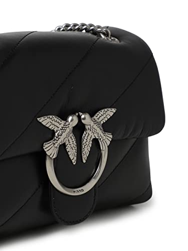 Pinko BLACK PUFF LEATHER CROSSBODY BAG WITH SILVER LOGO BUCKLE AND CHAIN SHOULDER STRAP 100039A0F2