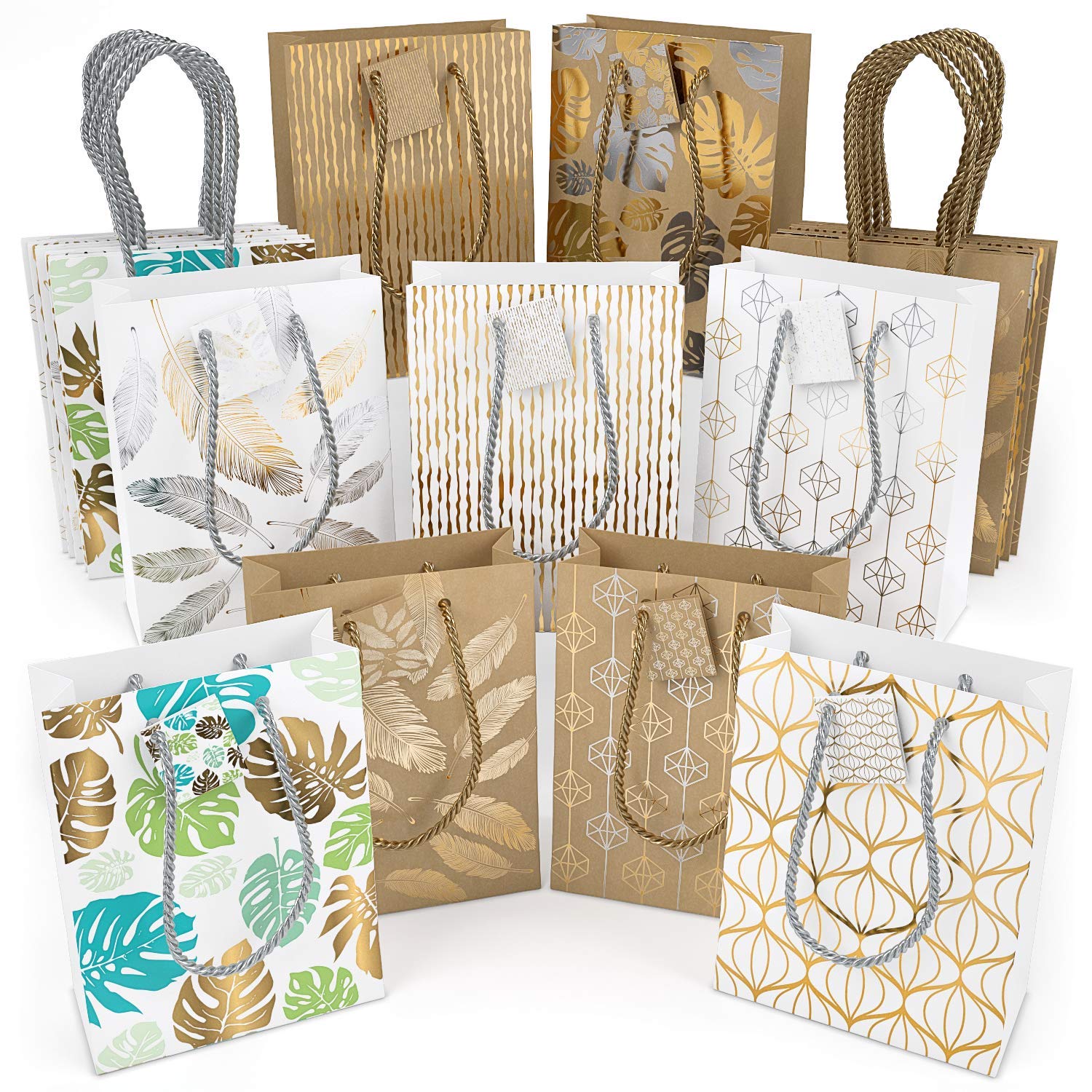 ARTEZA Gift Bags 9.5”x7”x3.4”, Set of 18pcs (9 Mixed Designs, 2 pcs Each Design), Perfect for Any Holiday Occasion, Graduations, Birthday Parties and More!