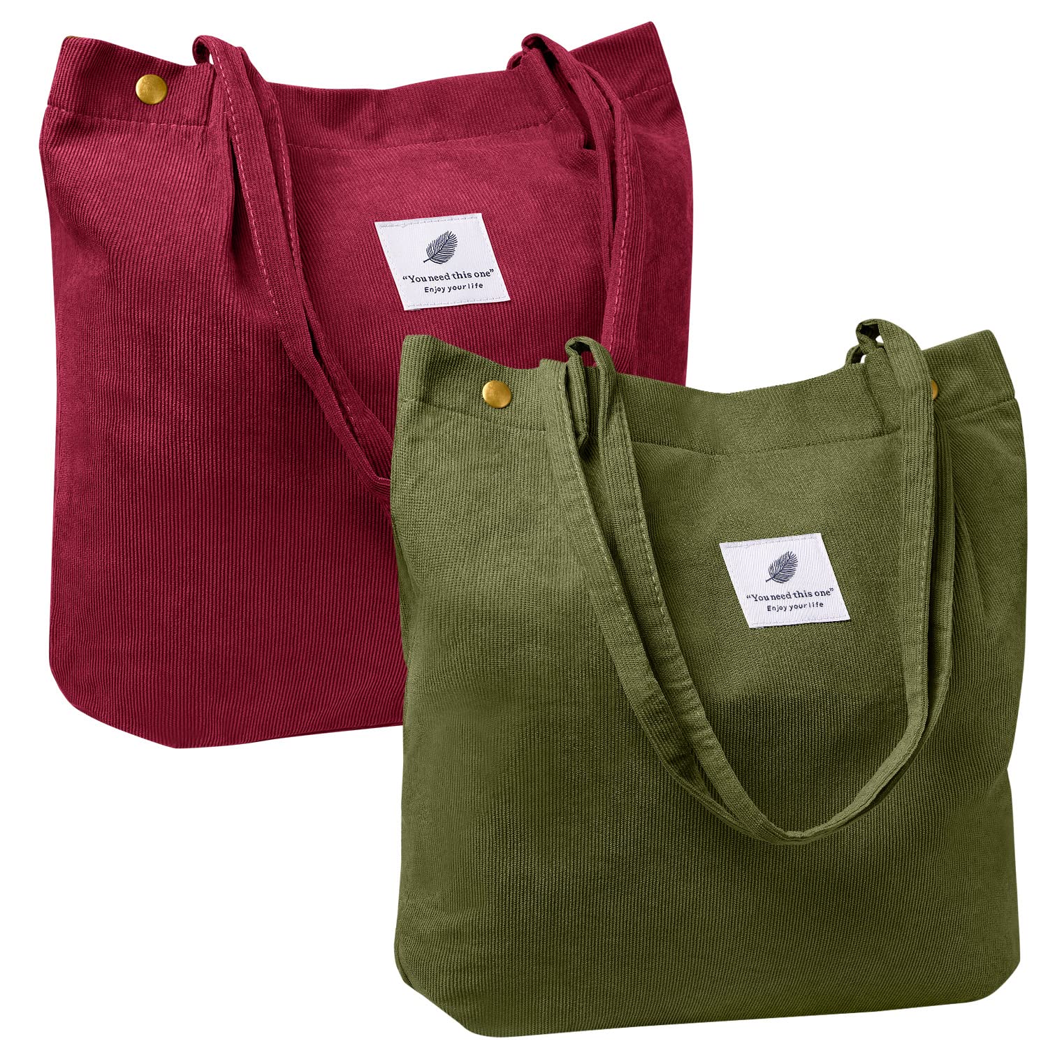 Ndeno Women Tote Bags Grocery Shoulder Bag Corduroy with Inner Pocket for Work Beach Lunch Travel Shopping Shopper Handbags (Armygreen+Merlot), Green