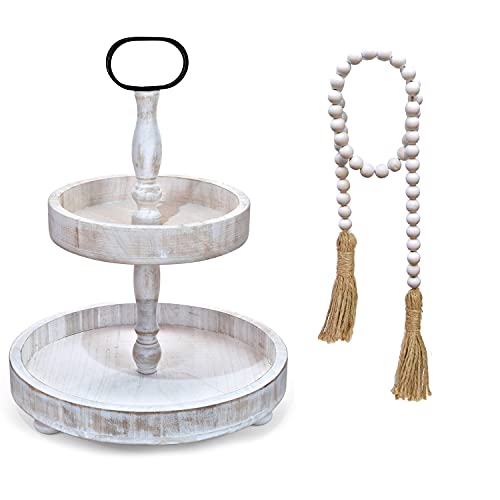 Farmhouse Tiered Tray with Beads Home Decor, Round 2 Tier Tray Cupcake Server, Kitchen Tiered Tray Decor Set, Wooden Two Tier Tray with Beads Coffee Table, White 2 Tiered Tray Farmhouse Display Stand
