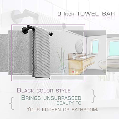 Fretech Black Hand Towel Holder,Hand Towel Bar Matte Black Hand Towel Rack 9Inch Bathroom Stable and Durable Stainless Steel Wall Mount Towel Ring Hb-105-D3