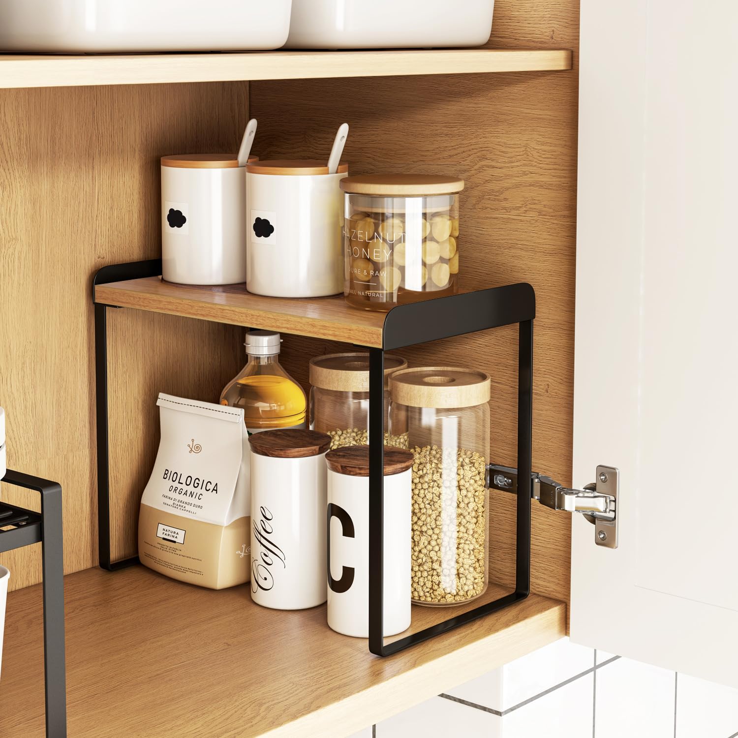 Mitus Shelf Organizer and Storage, Tiered Wood Cabinet Rack for The Kitchen Counter, Bathroom Counter, Pantry Cupboard, Office Desk Bookshelf, 12" Wide Natural and Black