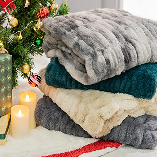 RECYCO Soft Rabbit Faux Fur Throw Blanket, Luxurious Ruched Blanket for Christmas Holiday, Couch, Bed, Living Room, Sofa. Fuzzy, Warm Throw Blanket with Reversible Mink Velvet, Marbled Grey, 60"x80"