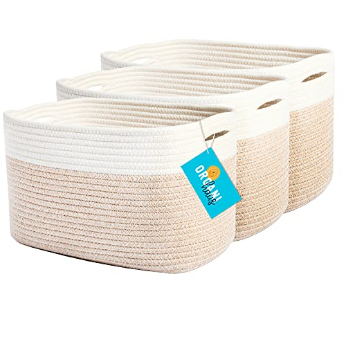 OrganiHaus Toy Storage Bins 3-Pack | Cotton Rope Basket for Storage | Woven Baskets for Storage | Decorative Baskets for Storage | Cotton Rope Storage Baskets | Towel Basket for Bathroom - Light Honey