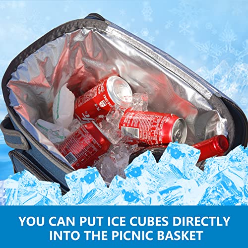NUPTSE Insulated Picnic Basket Portable Collapsible Picnic Basket Cooler for 3-4 Persons Cooler Bag Insulated Grocery Bag with Two Handles for Travel