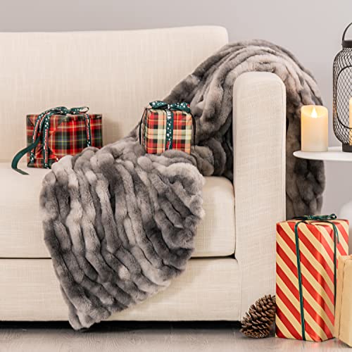 RECYCO Soft Rabbit Faux Fur Throw Blanket, Luxurious Ruched Blanket for Christmas Holiday, Couch, Bed, Living Room, Sofa. Fuzzy, Warm Throw Blanket with Reversible Mink Velvet, Marbled Grey, 60"x80"
