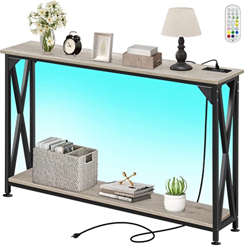 DANSION 2 Tiers Console Sofa Table with Power Outlet, Industrial Entryway Table with Open Storage Shelf, Accent Side Table with LED Strip Lights for Hallway Living Room, X-Shaped Metal Frame Support
