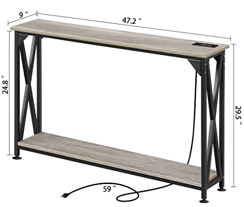 DANSION 2 Tiers Console Sofa Table with Power Outlet, Industrial Entryway Table with Open Storage Shelf, Accent Side Table with LED Strip Lights for Hallway Living Room, X-Shaped Metal Frame Support