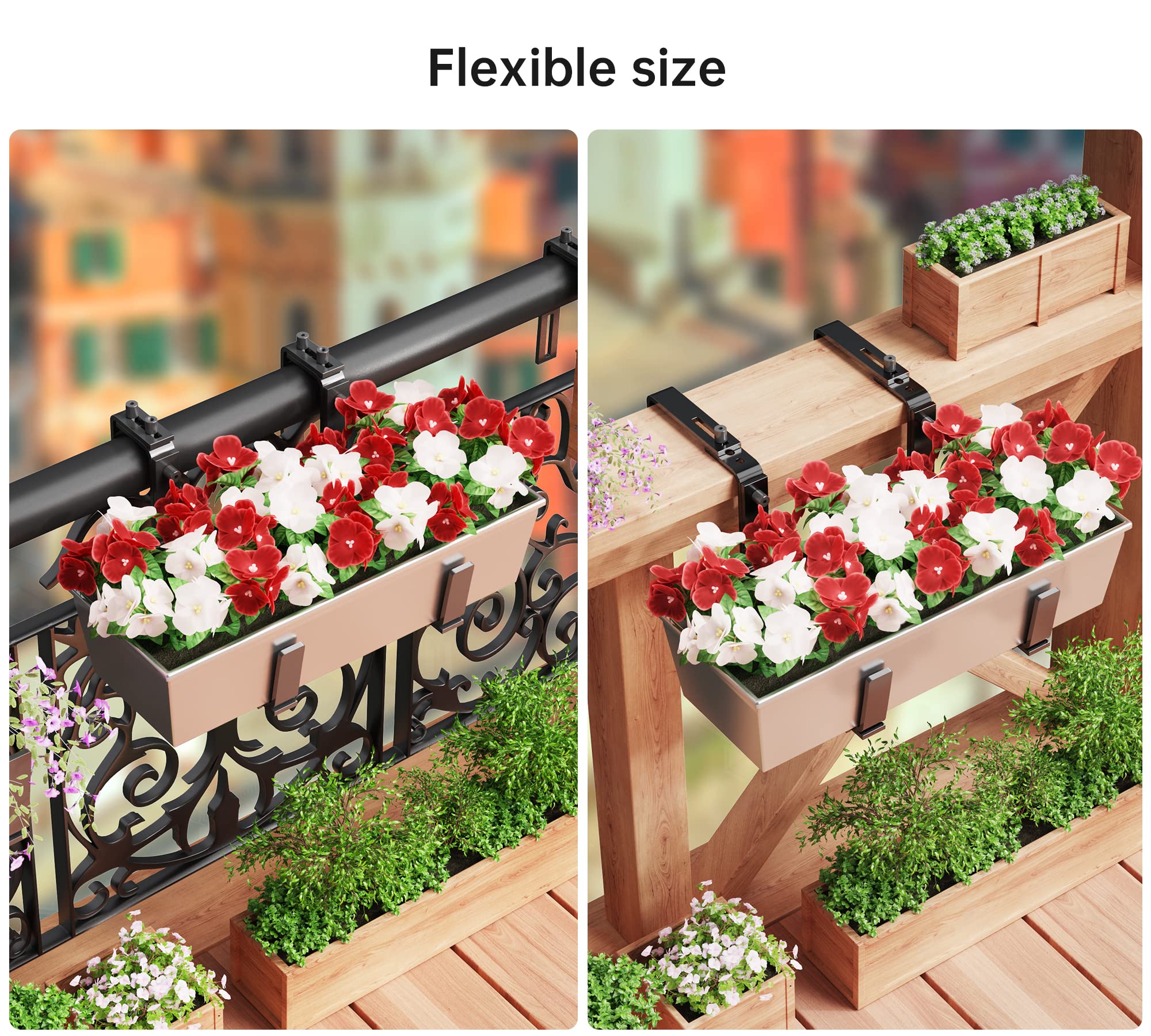 Y&M Adjustable Planter Box Brackets, Brackets for Window Boxes Planters, 4 Packs Universal Outdoor Hanging Brackets, Black Steel Mounting Durable, Suitable for Fence Pergola Patio Garden Balcony